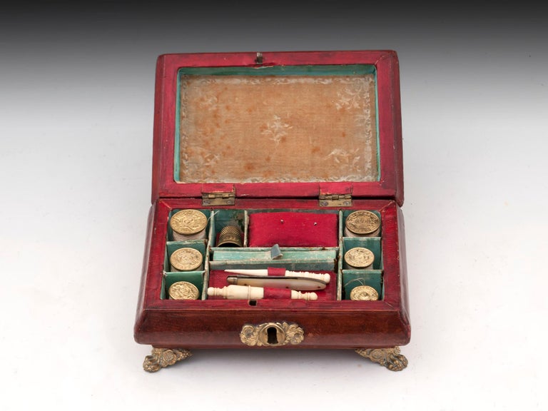 Regency Antique Red Leather Brass Bone Sewing Needlework Box For Sale ...
