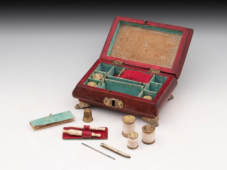 Regency Antique Red Leather Brass Bone Sewing Needlework Box For Sale ...
