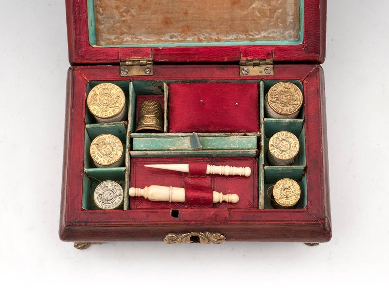 Regency Antique Red Leather Brass Bone Sewing Needlework Box For Sale ...