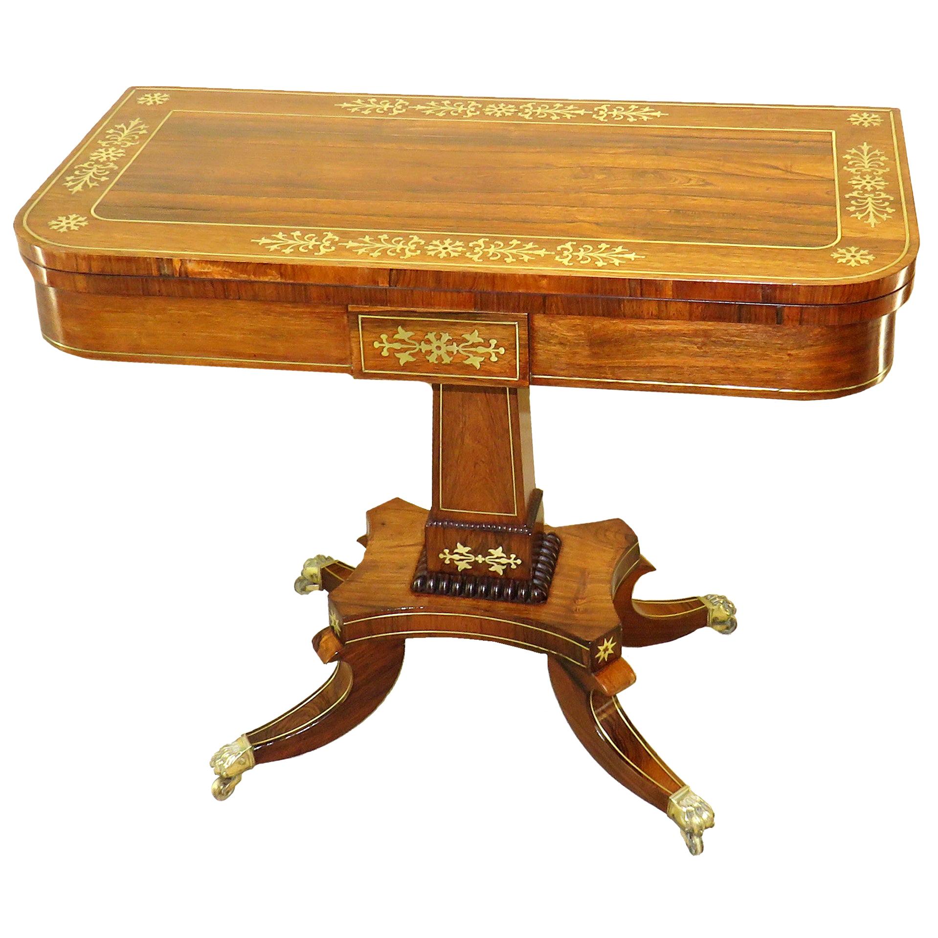 Regency Rosewood and Brass Inlaid Card Table For Sale at 1stDibs