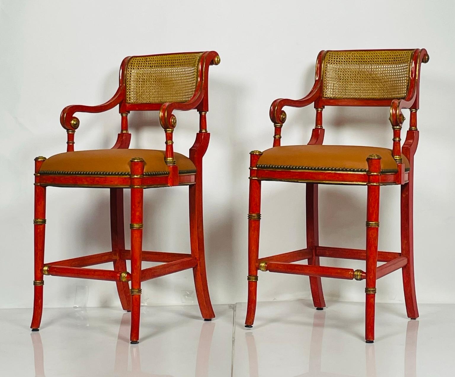 Regency Style Counter Stools With Gold Gilt, Canning and Leather Seats ...