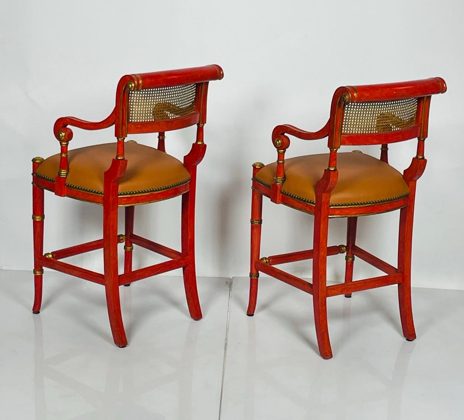Regency Style Counter Stools With Gold Gilt, Canning and Leather Seats ...