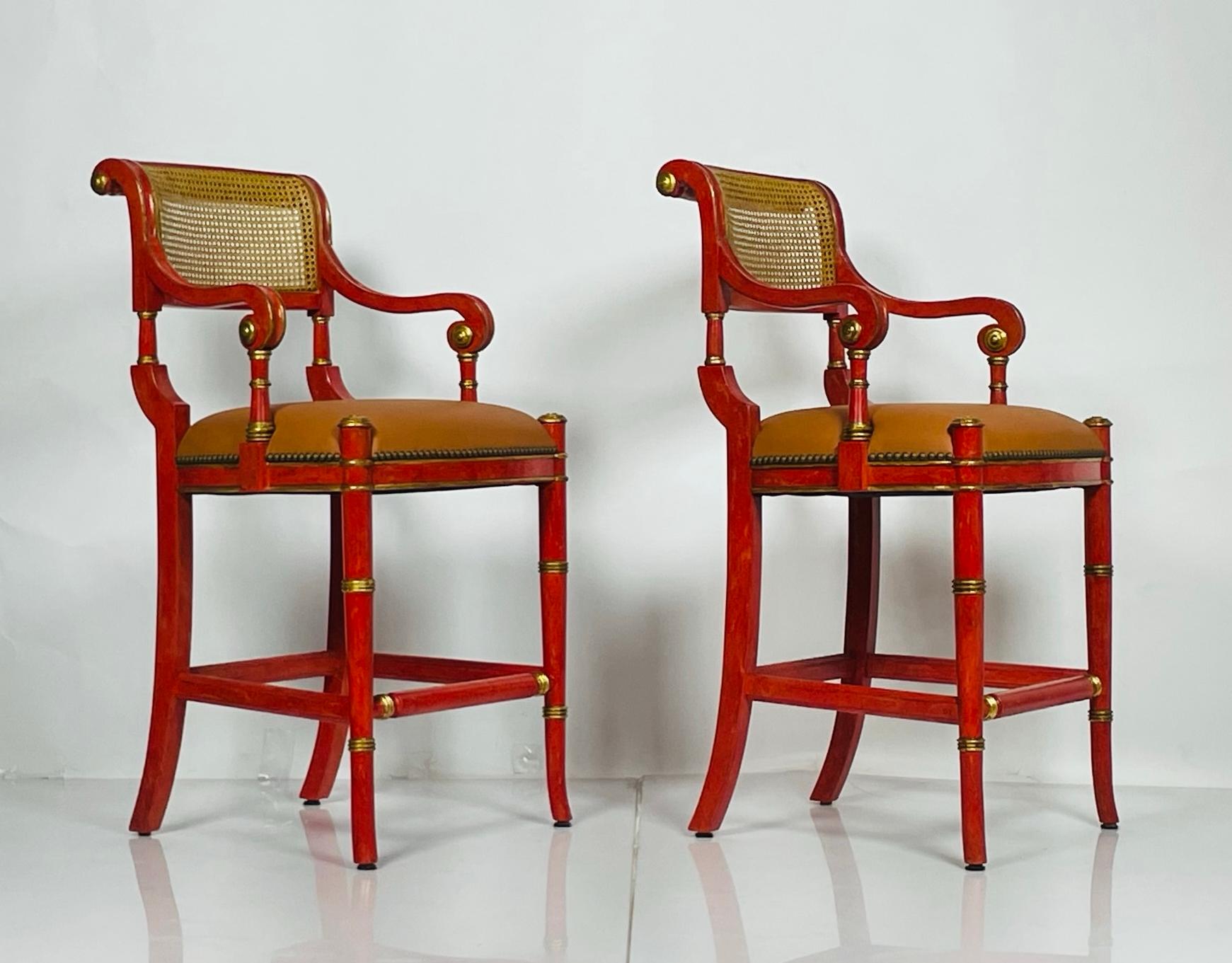 Regency Style Counter Stools With Gold Gilt, Canning and Leather Seats ...
