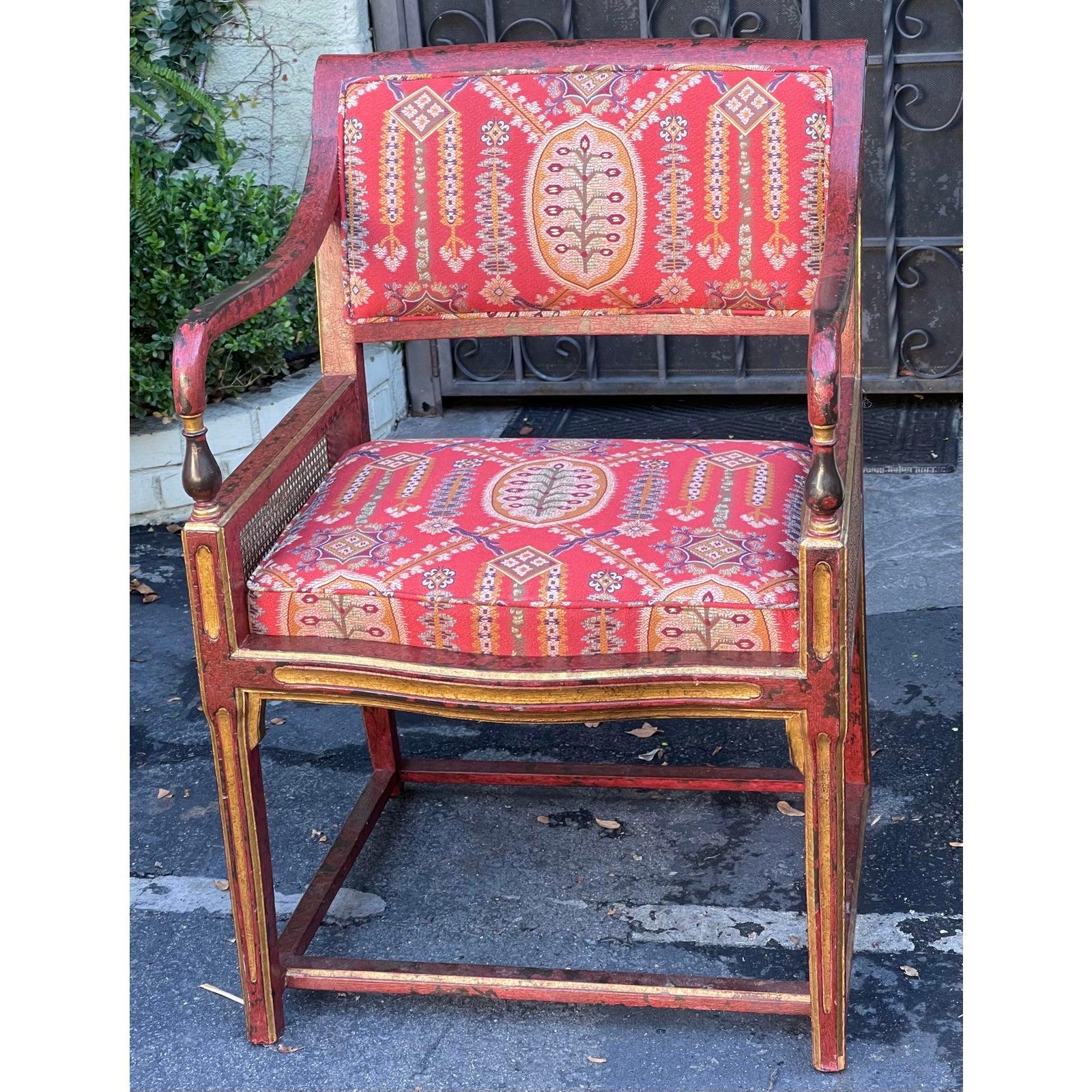 Regency Style Red Paint Decorated and Cane Arm Chair, 2010s at 1stDibs