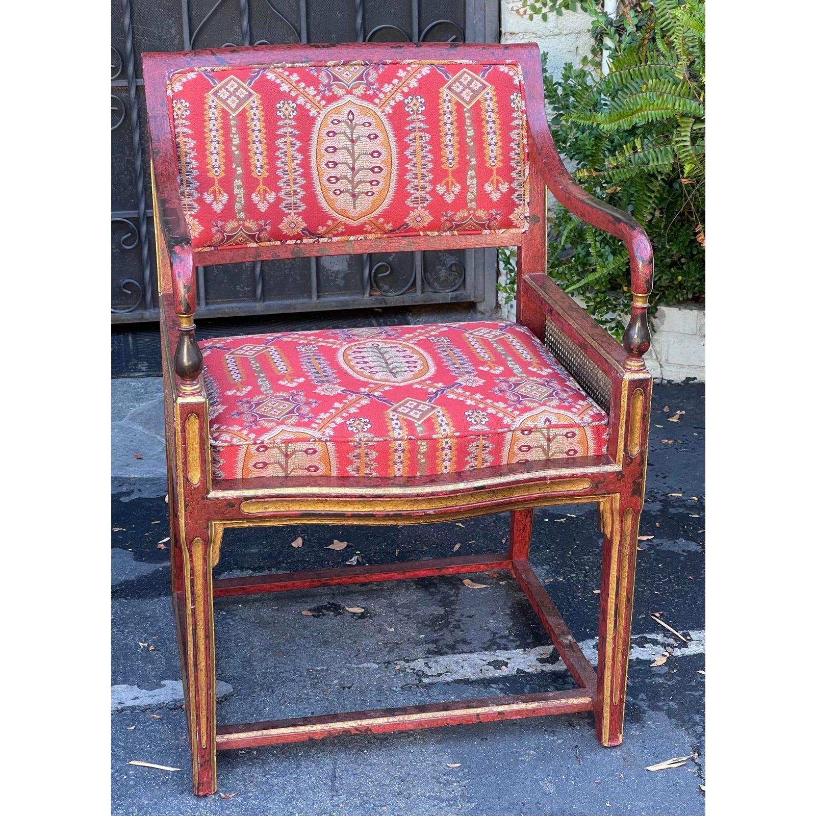 Regency Style Red Paint Decorated and Cane Arm Chair, 2010s at 1stDibs