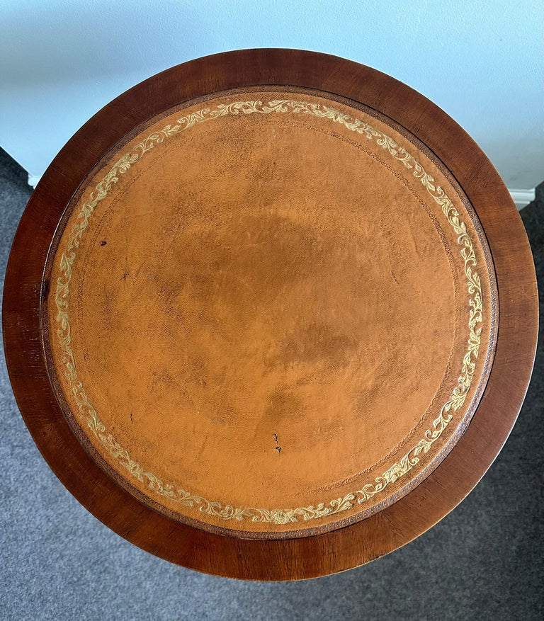 Regency Style Tan Leather Drum Side End Table with Drawers For Sale at ...
