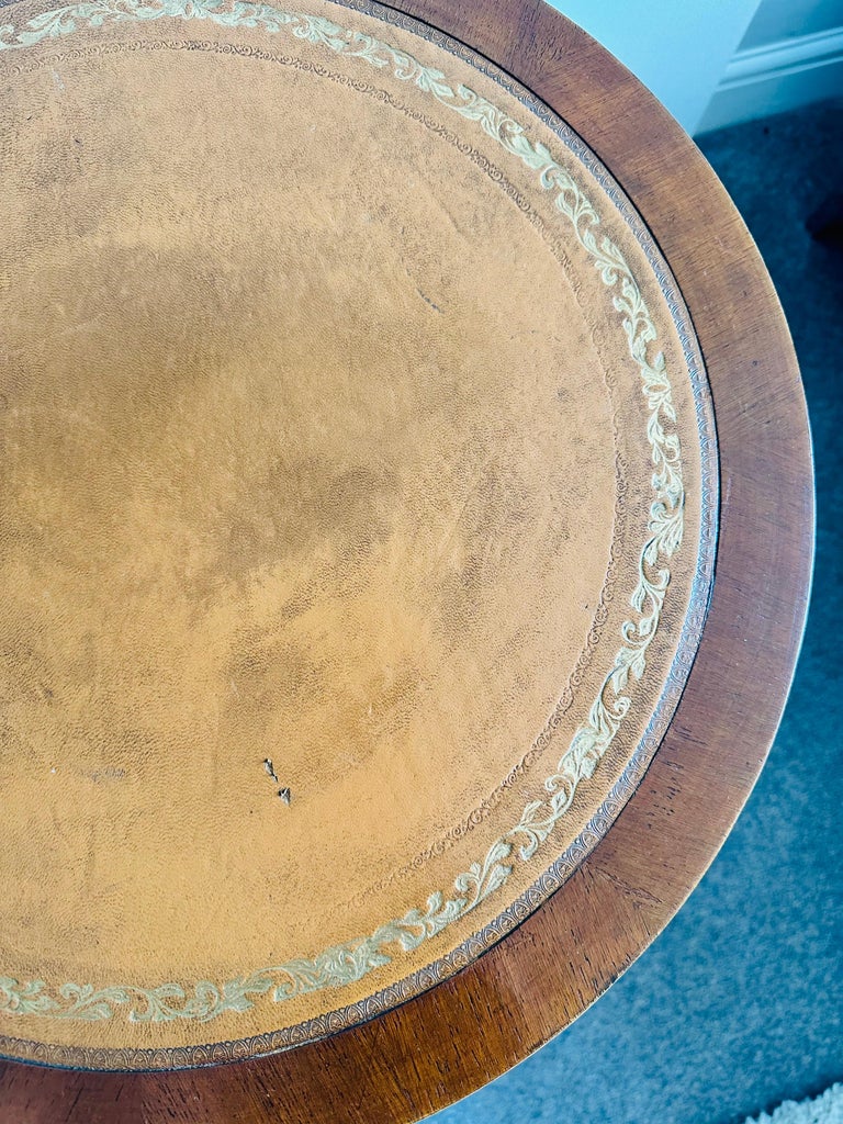 Regency Style Tan Leather Drum Side End Table with Drawers For Sale at ...