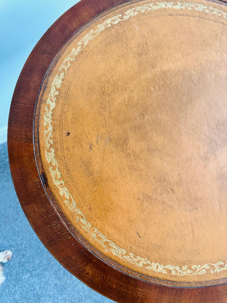 Regency Style Tan Leather Drum Side End Table with Drawers For Sale at ...