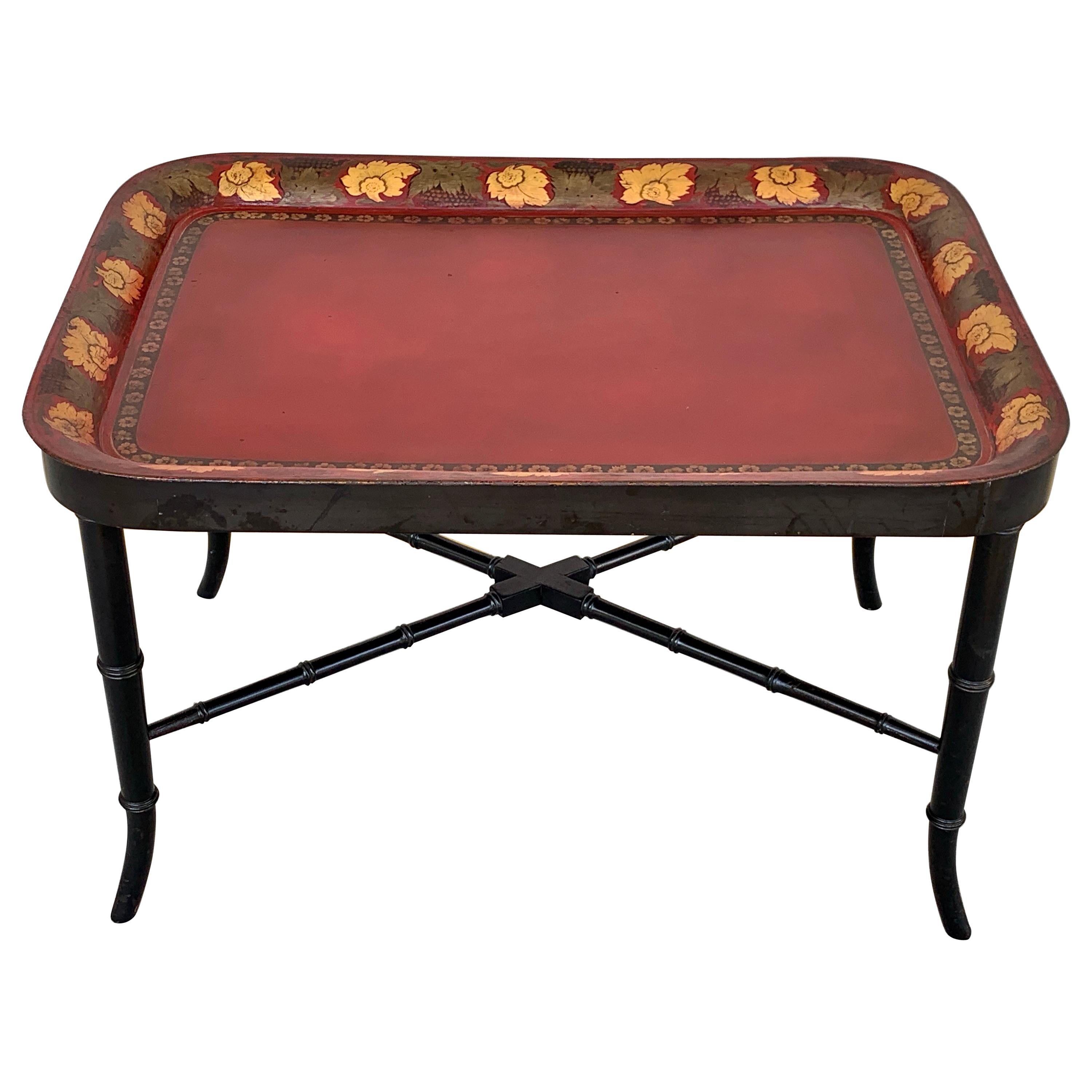 Regency Tole Tray Table in Red, Faux Bamboo Ebonized Base For Sale at ...
