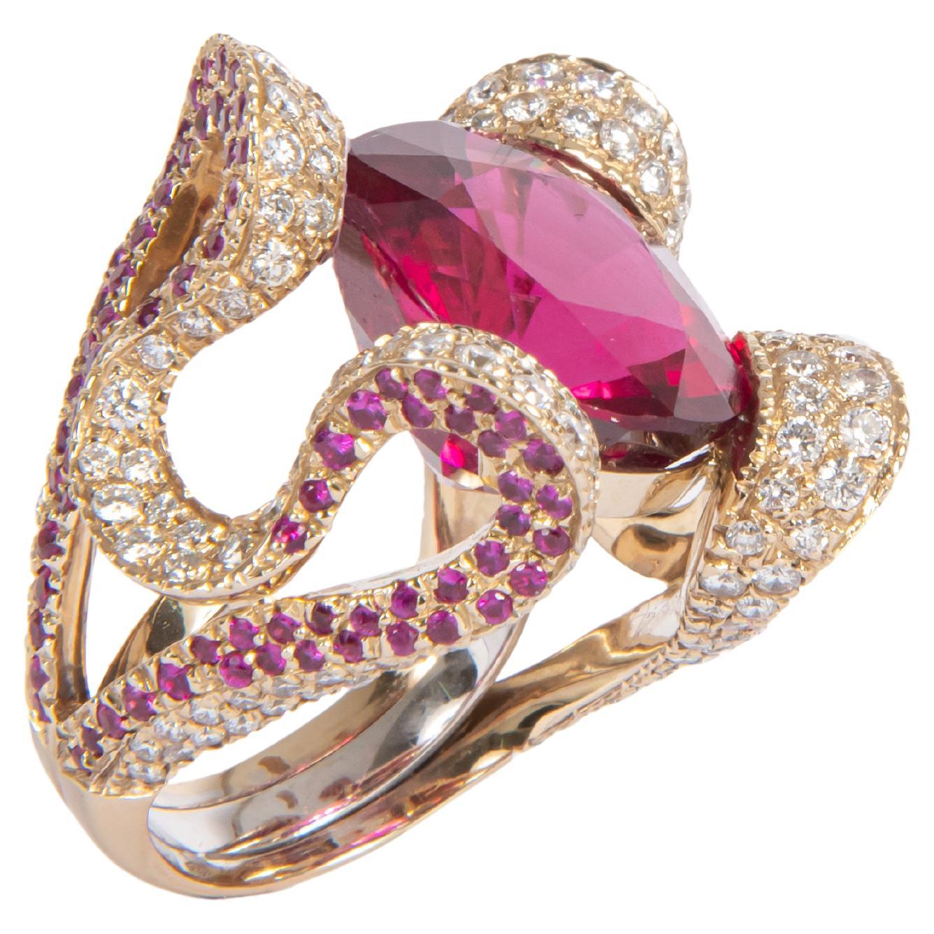 Regina Gambatesa Pink Sapphires Rubelite Diamonds and Yellow Gold Ring ...
