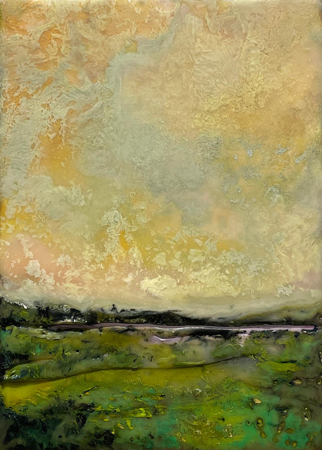 Regina Quinn - Peach Sky (Small Encaustic Landscape Painting of Sunny ...