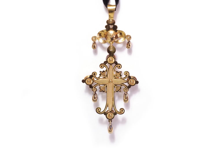 Regional French Antique Enamel Cross in Rose Gold 18 Karats, Religious ...