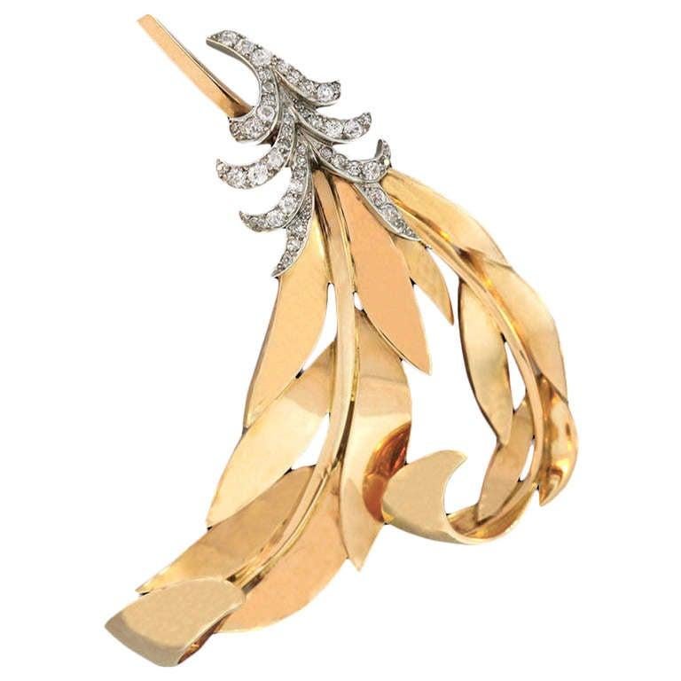 Regner Paris Art Deco Diamond Gold Feather Brooch For Sale at 1stDibs