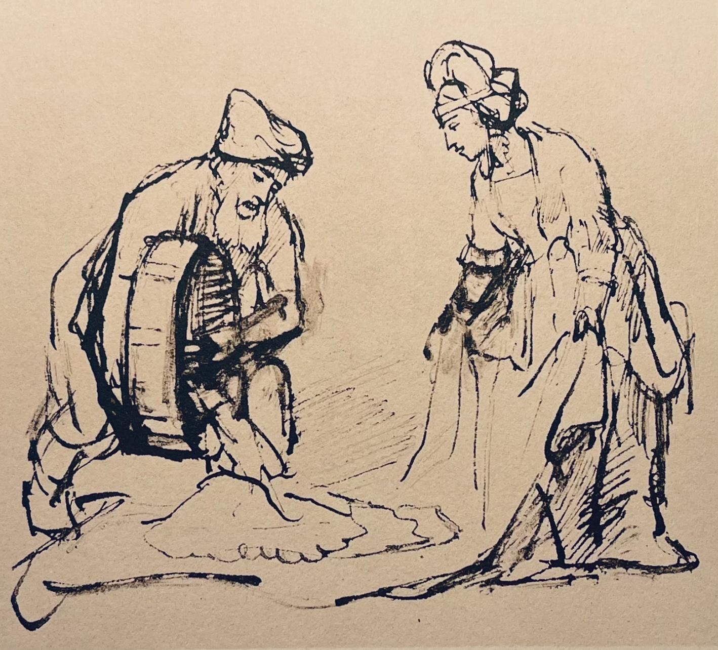 Rembrandt, Boaz Pouring Out Barley for Ruth, Drawings for the Bible ...