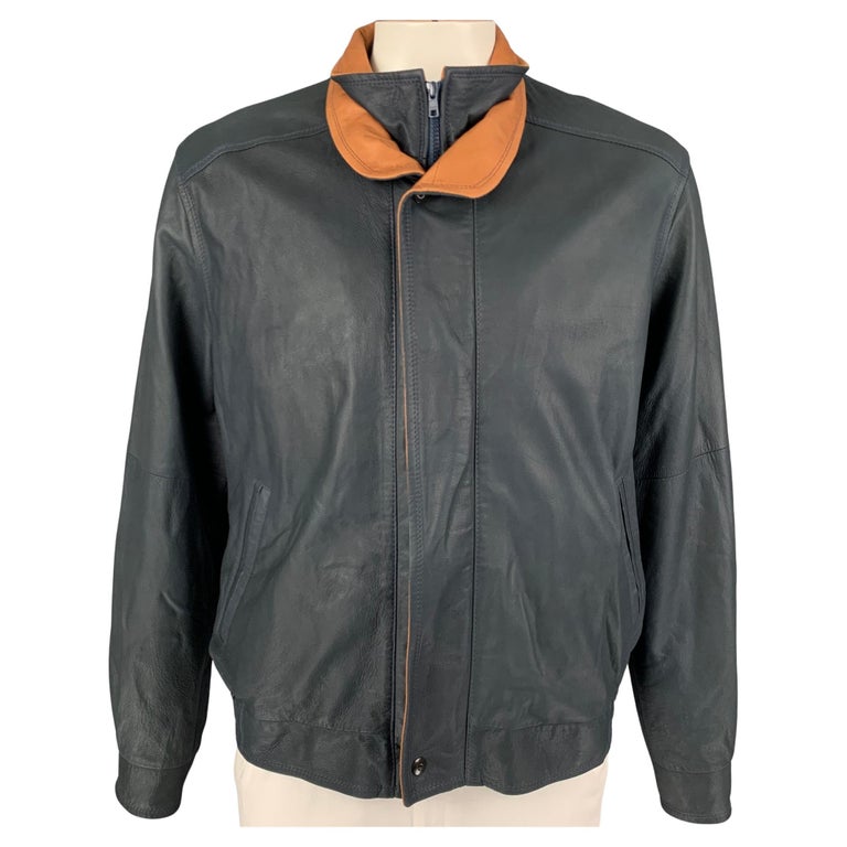 REMY Size 42 Navy Tan Leather Zip Up Jacket For Sale at 1stDibs