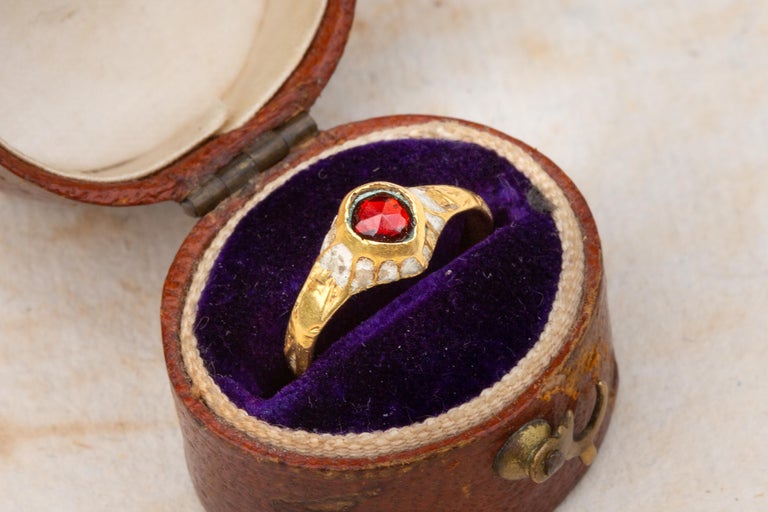 Renaissance Early 17th Century Enamelled 22K Gold Rose Cut Garnet Ring ...
