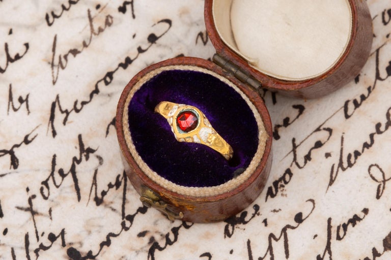 Renaissance Early 17th Century Enamelled 22K Gold Rose Cut Garnet Ring ...