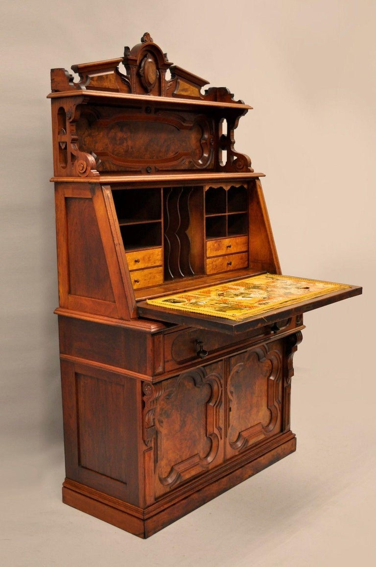 Renaissance Revival Carved Burl Walnut Secretary Writing Desk Slant ...