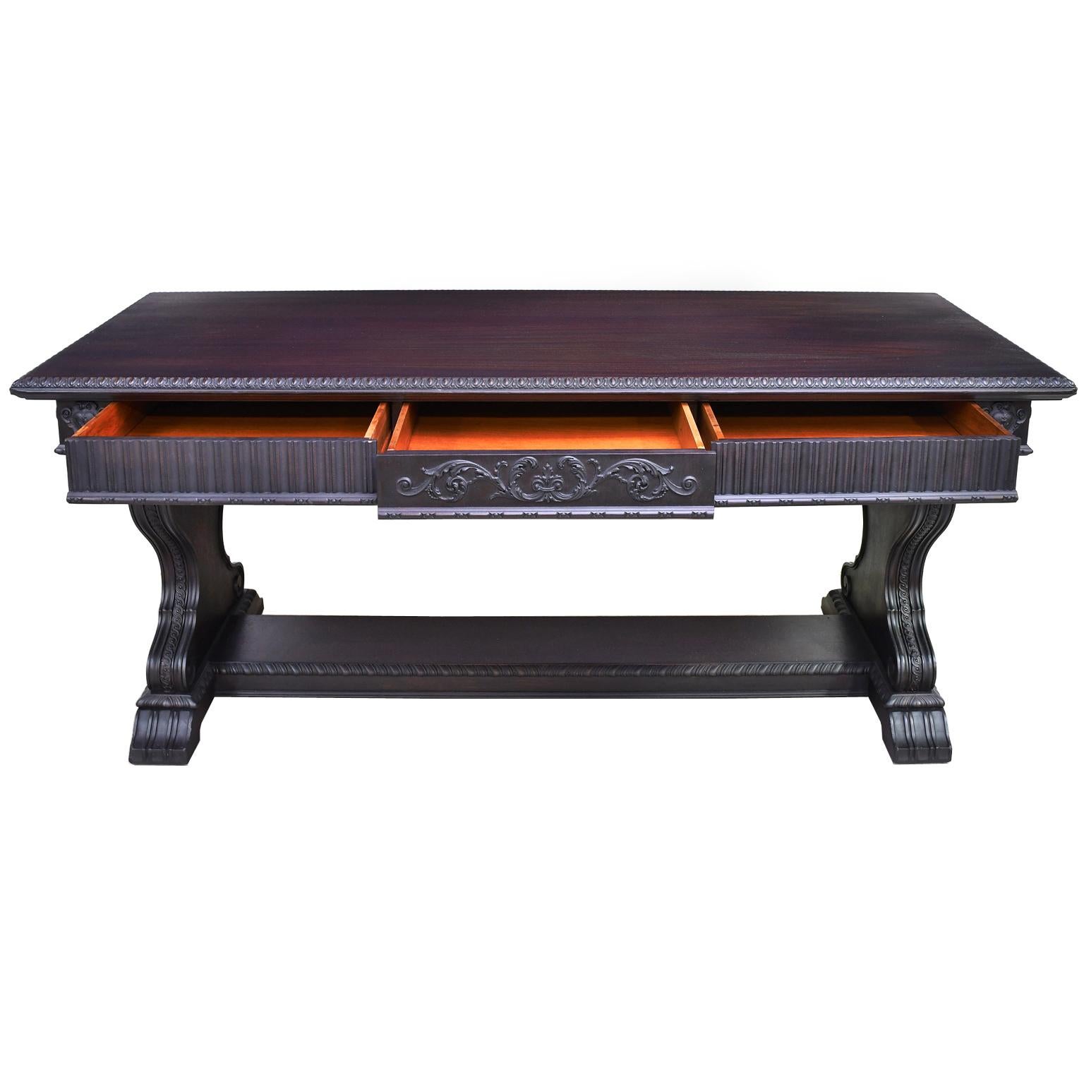 Renaissance-Revival Desk in Black Umber with Trestle Base, Grand Rapids ...