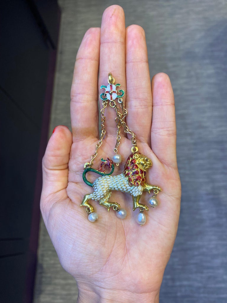 Renaissance Revival Enamel and Pearl Lion Pendant For Sale at 1stDibs