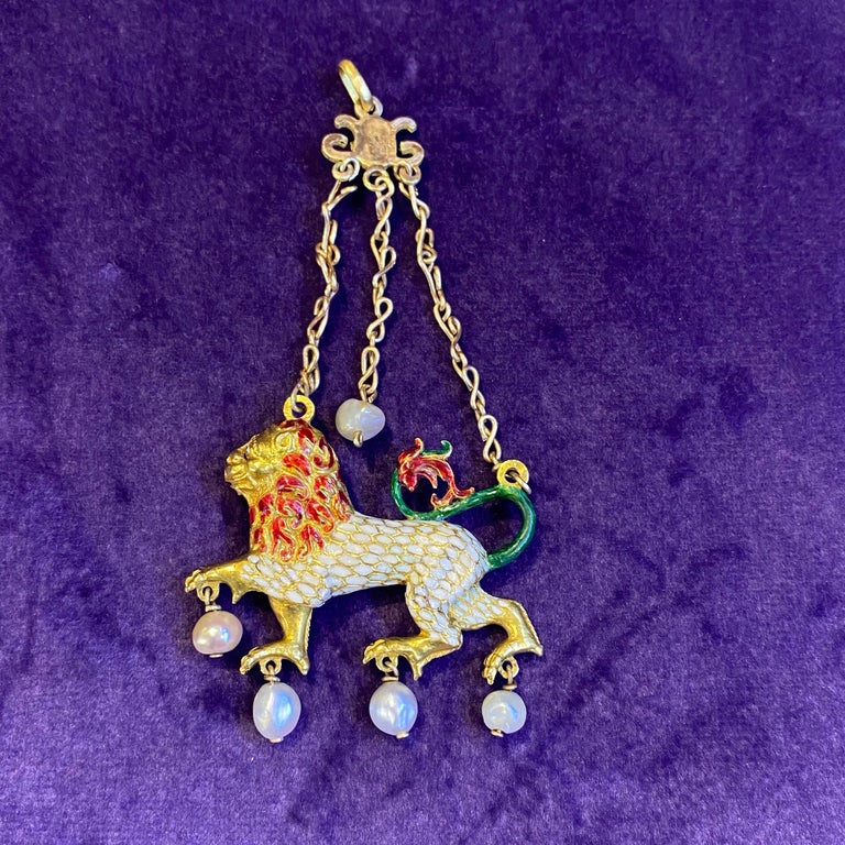 Renaissance Revival Enamel and Pearl Lion Pendant For Sale at 1stDibs