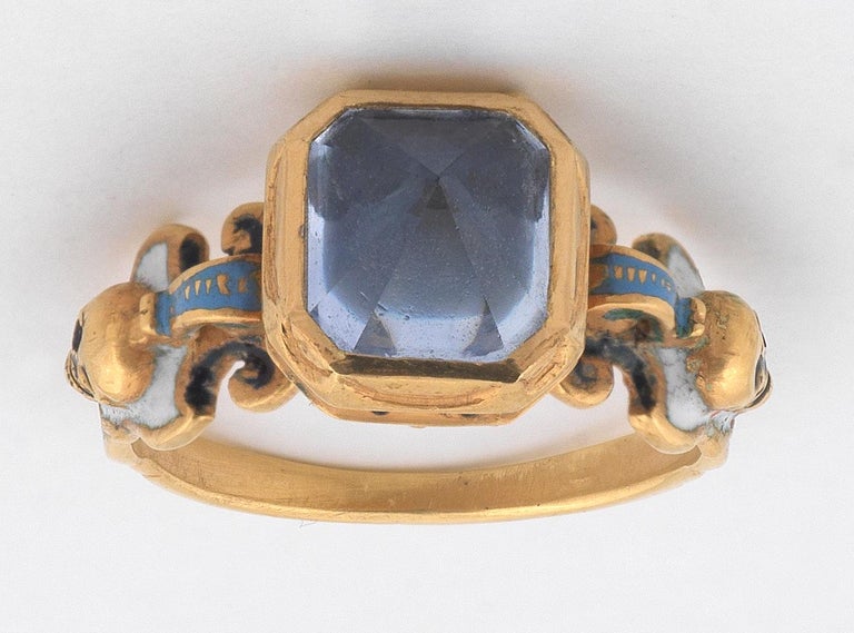 Renaissance Revival Enamel and Point Cut Sapphire Ring at 1stDibs