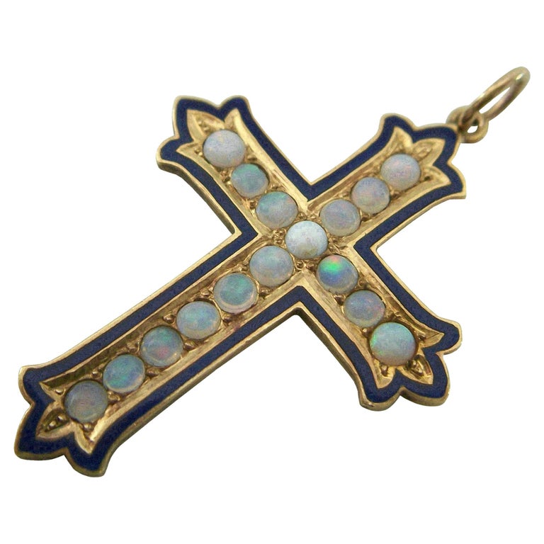 Renaissance Revival Jelly Opal and 18K Gold Cross with Blue Enamel ...