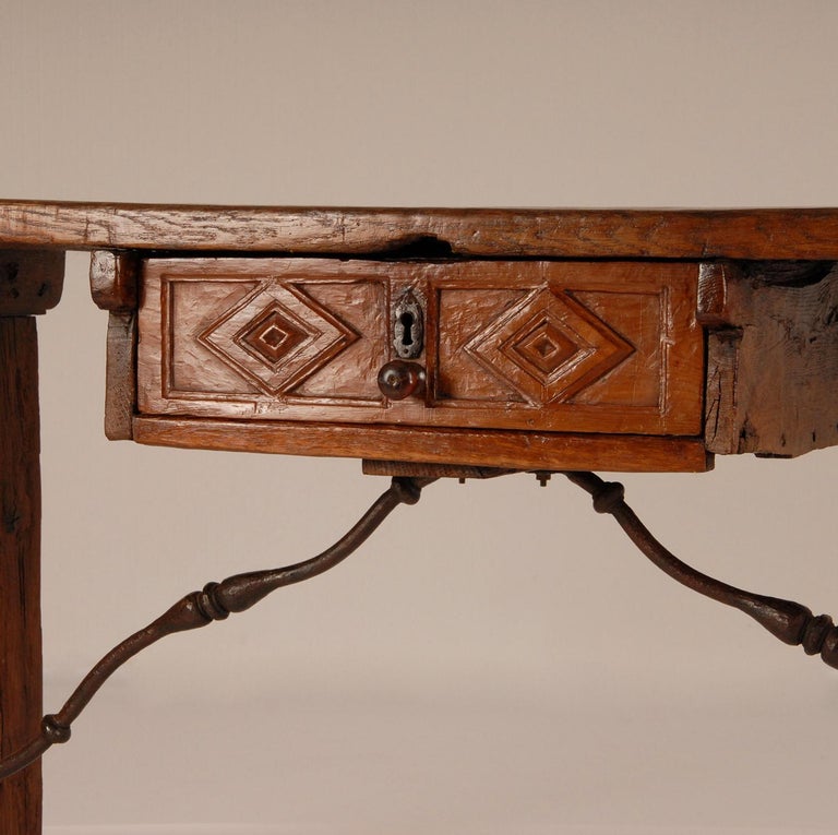 Renaissance Rustic Spanish Colonial Walnut Wrought Iron Sofa Table Console Table For Sale at 1stDibs