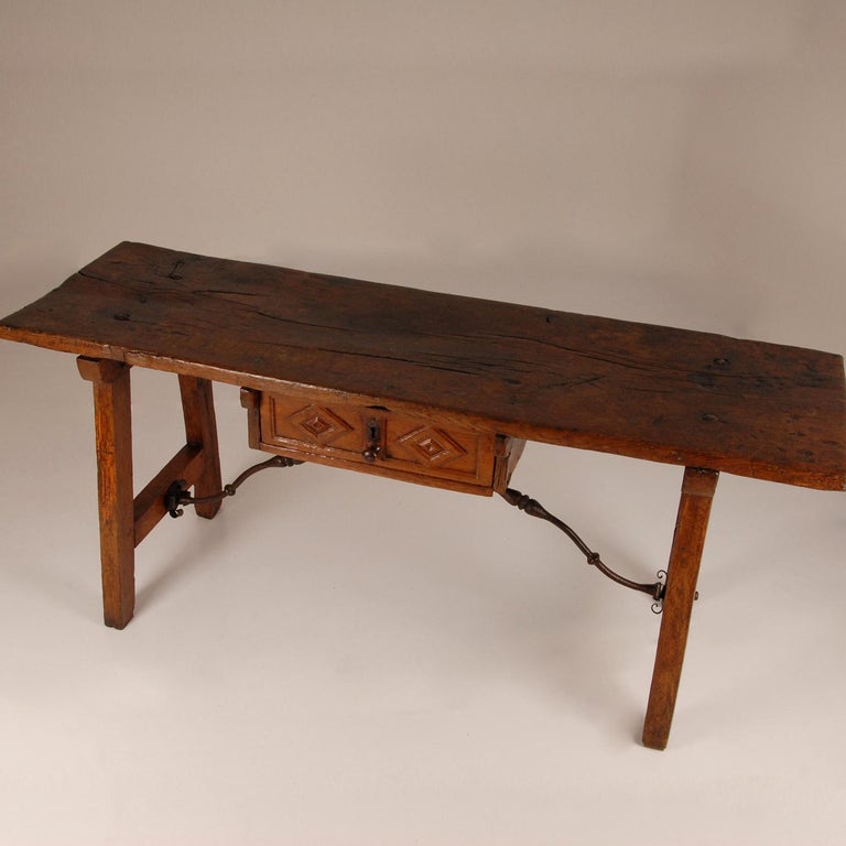 Renaissance Rustic Spanish Colonial Walnut Wrought Iron Sofa Table Console Table For Sale at 1stDibs