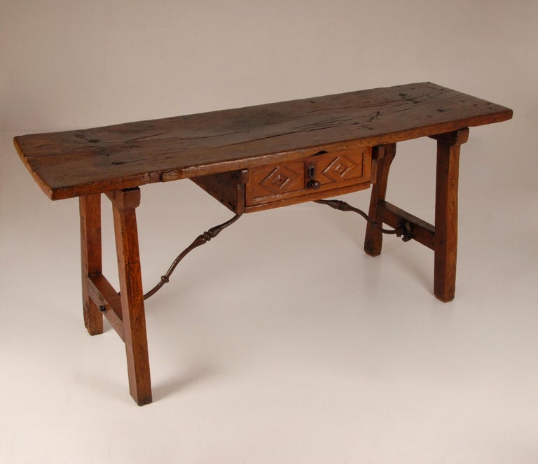 Renaissance Rustic Spanish Colonial Walnut Wrought Iron Sofa Table Console Table For Sale at 1stDibs