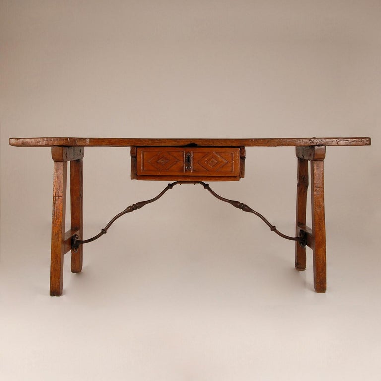 Renaissance Rustic Table Spanish Walnut Wrought Iron Sofa Table Console Table For Sale at 1stDibs