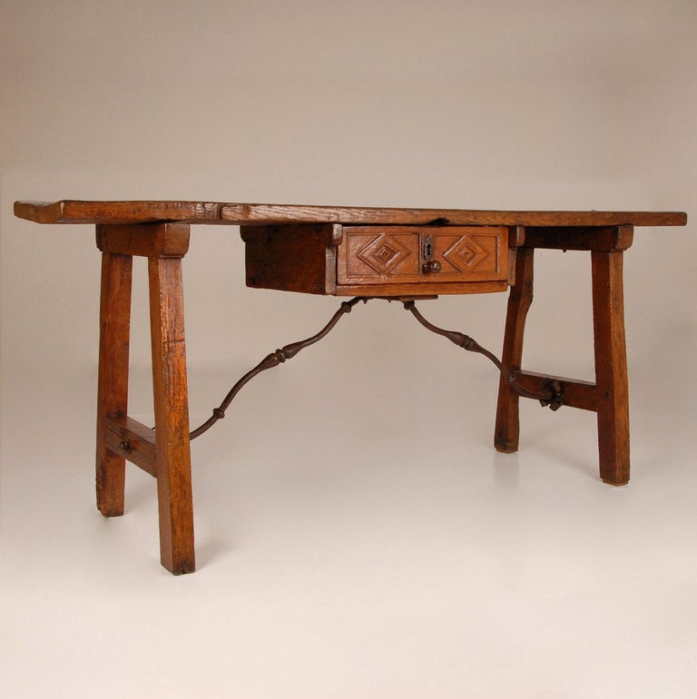 Renaissance Rustic Spanish Colonial Walnut Wrought Iron Sofa Table ...