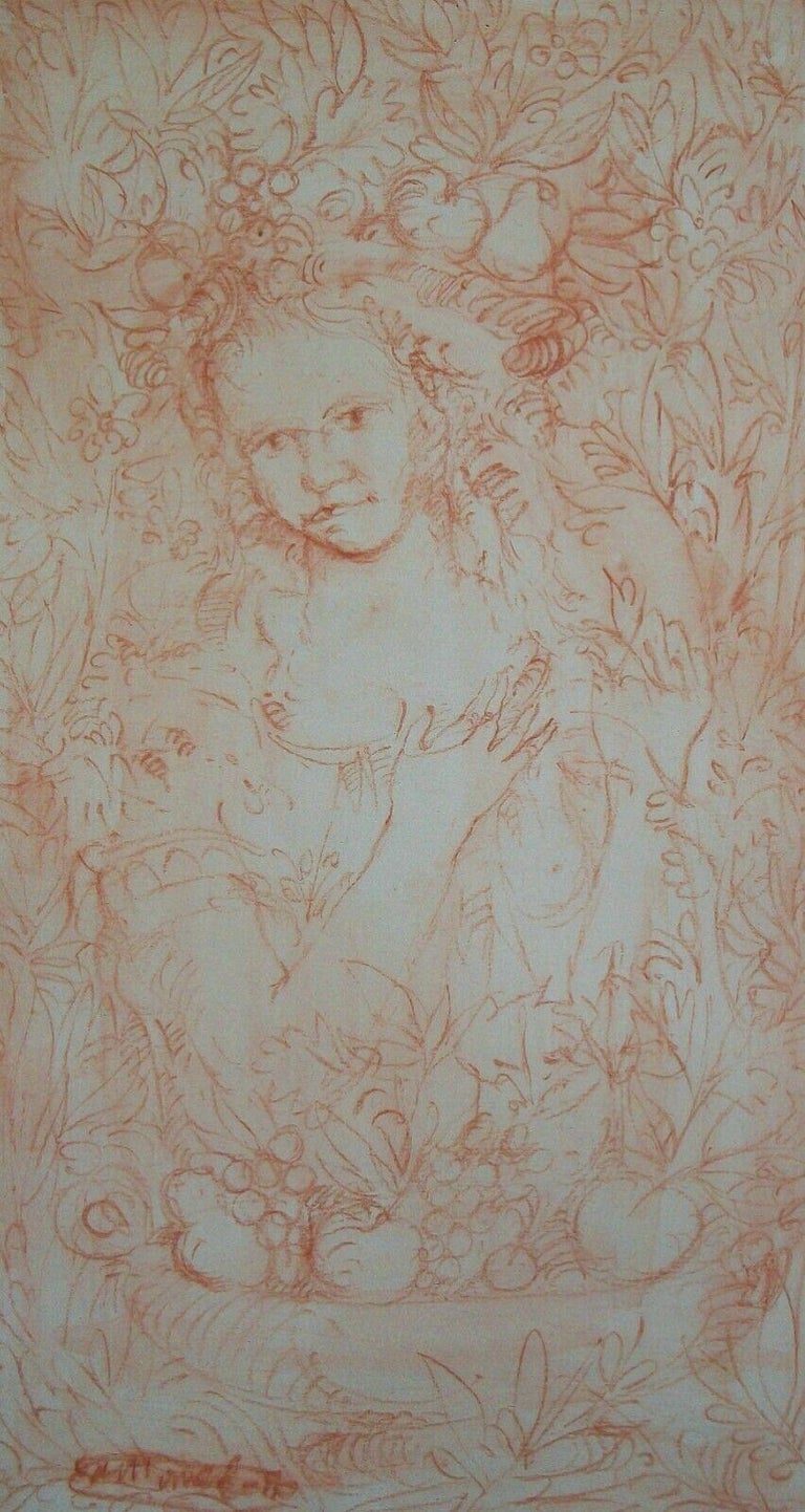 Renaissance Style Sanguine and Watercolor Drawing, Signed, Italy, 20th ...