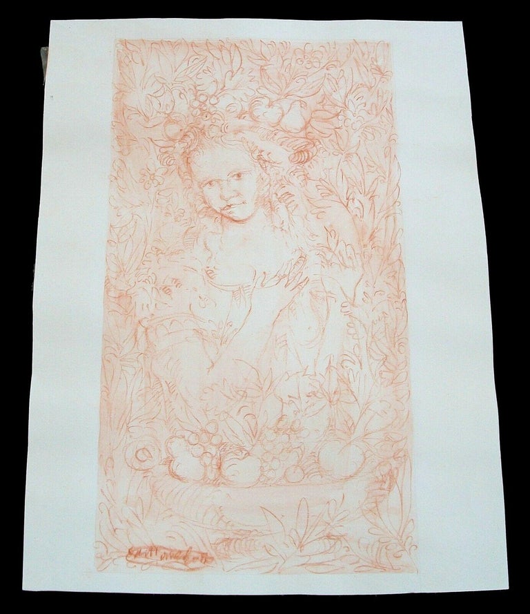 Renaissance Style Sanguine and Watercolor Drawing, Signed, Italy, 20th ...