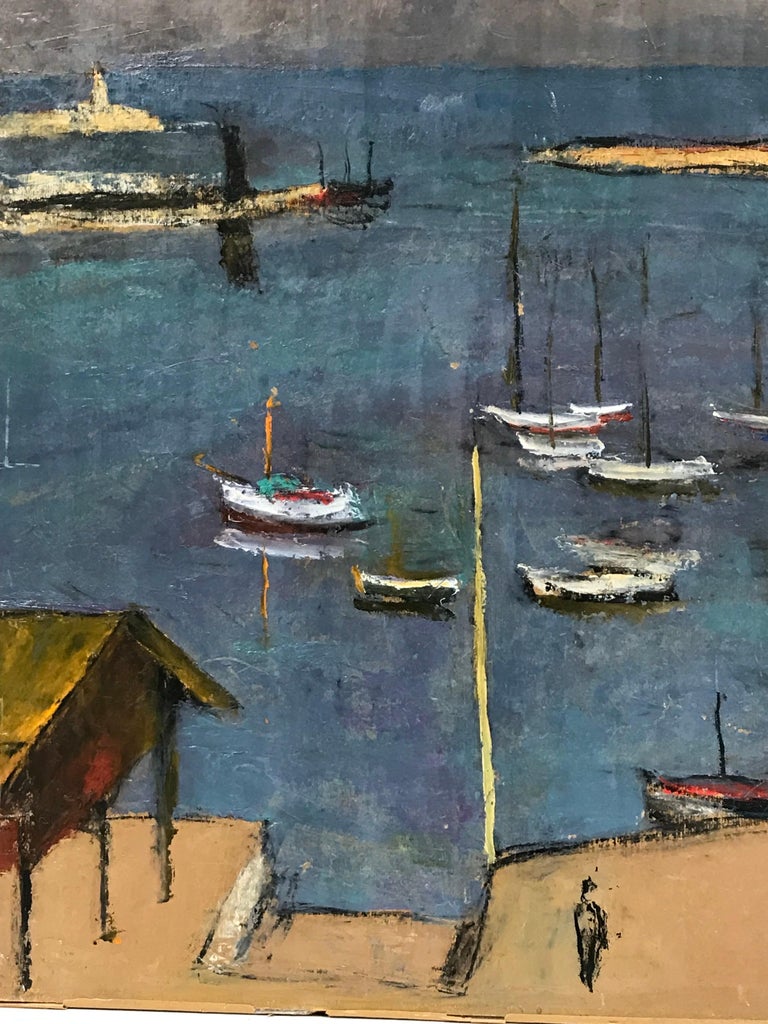 Rene Bellanger - Large 1960's French Modernist Oil Boats in Blue ...