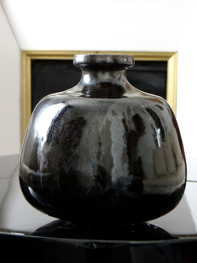 René BEN LISA (1926/1995), Enamelled Stoneware Vase Brown, Red, Blue ...