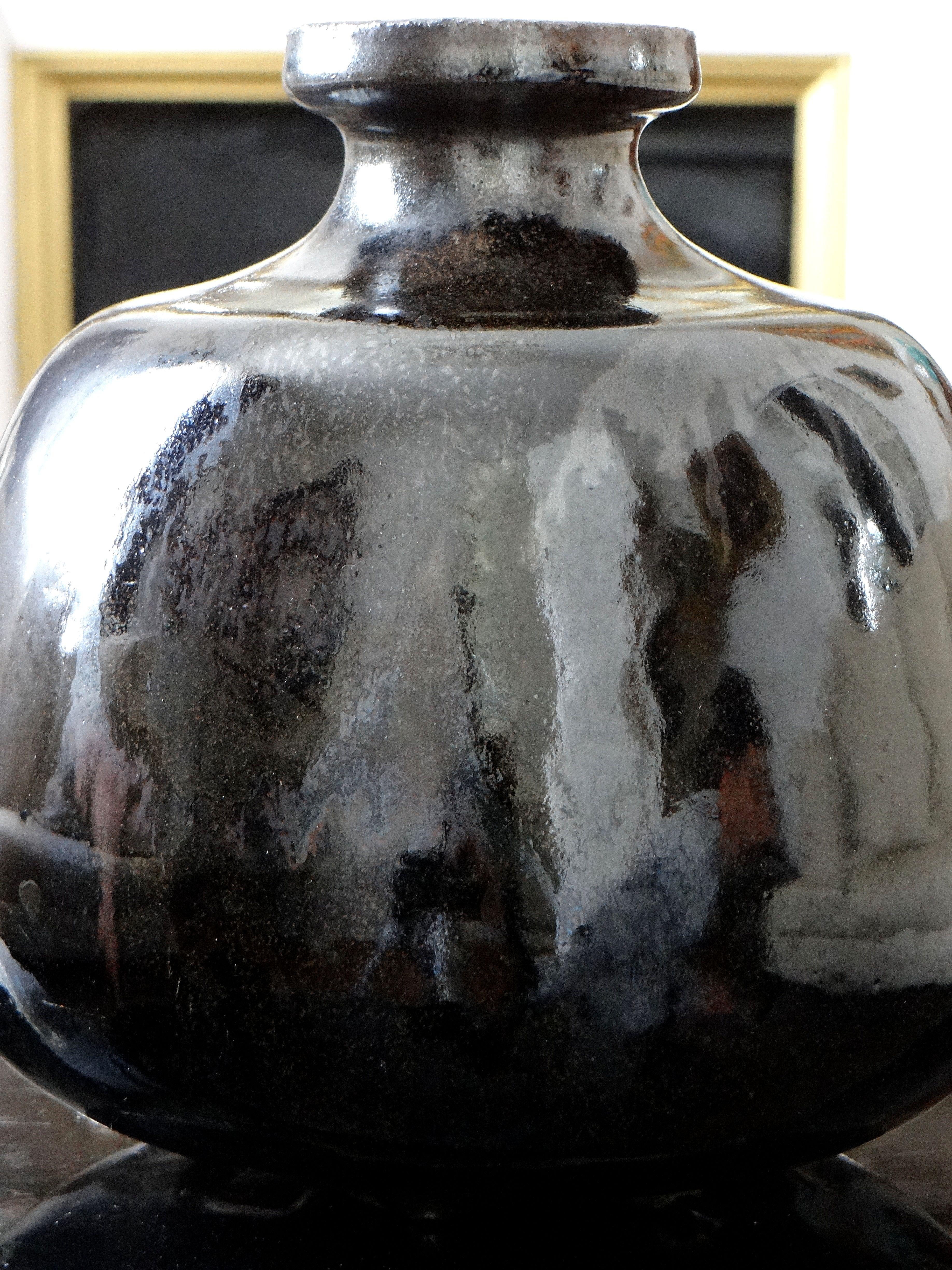 René BEN LISA (1926/1995), Enamelled Stoneware Vase Brown, Red, Blue ...