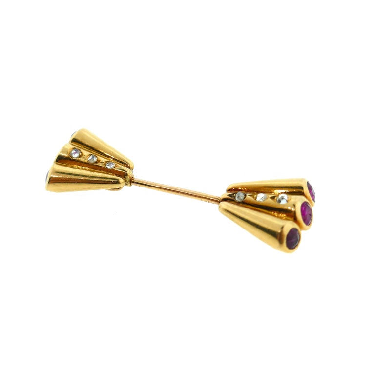 Rene Boivin Yellow Gold Diamond and Ruby Retro Jabot Pin at 1stDibs