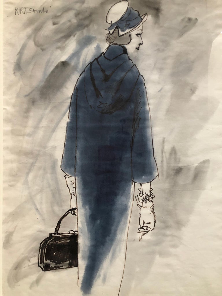 Rene Bouche Framed Original 1950's Blue Coat Illustration for Vogue at ...