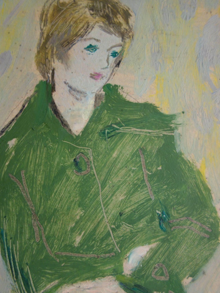 René Genis - Woman with a Green Coat - Original hansigned oil on paper ...