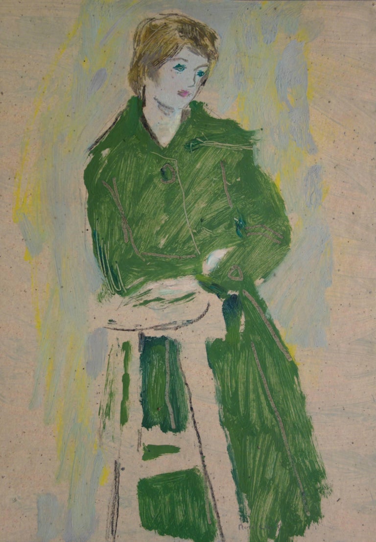 René Genis - Woman with a Green Coat - Original hansigned oil on paper ...
