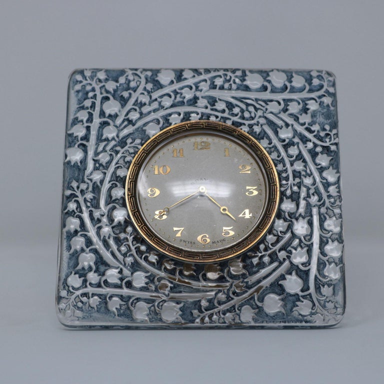Rene Lalique Glass 'Muguet' Clock with Blue Staining at 1stDibs
