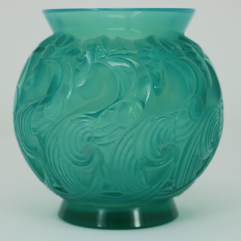 Rene Lalique Opalescent Mint Coloured Glass 'Le Mans' Vase For Sale at 1stDibs