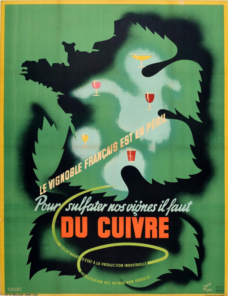 Rene Ravo - Original vintage World War Two French Wine Vineyard Copper ...