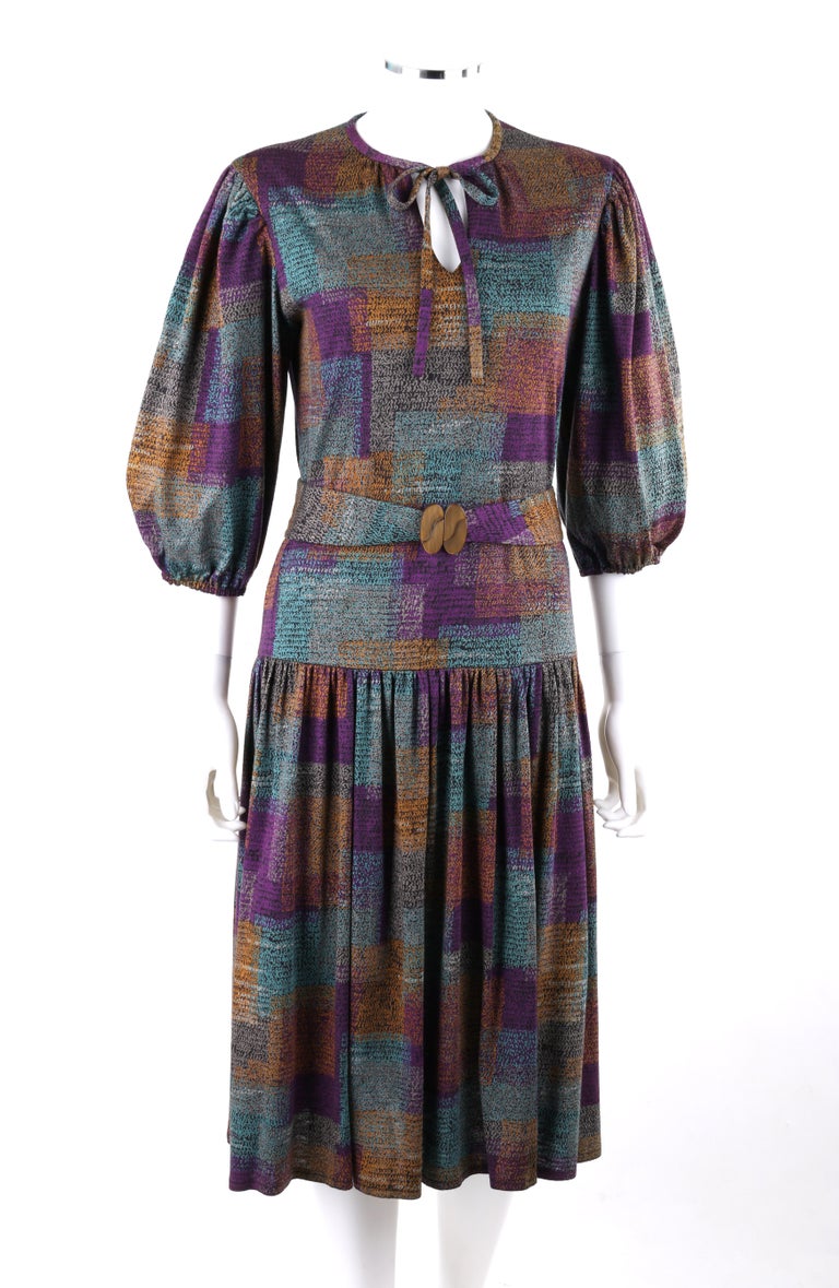 RENEE HELGA HOWIE c.1970s Color Paint Block Drop Waist Bishop Belted ...