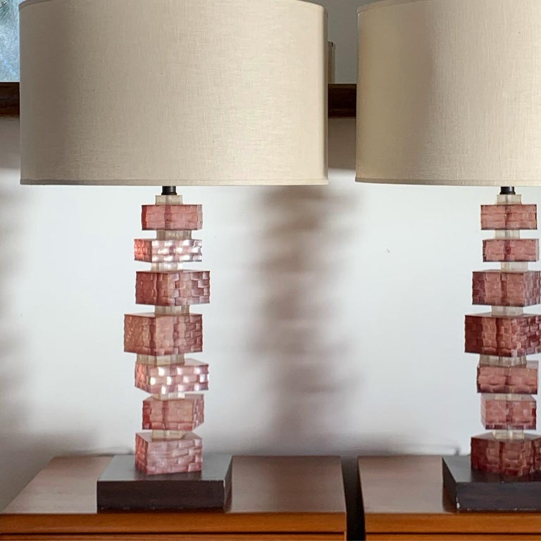 Rennaissance 2000 Pink Lucite Table Lamps, a Pair For Sale at 1stDibs