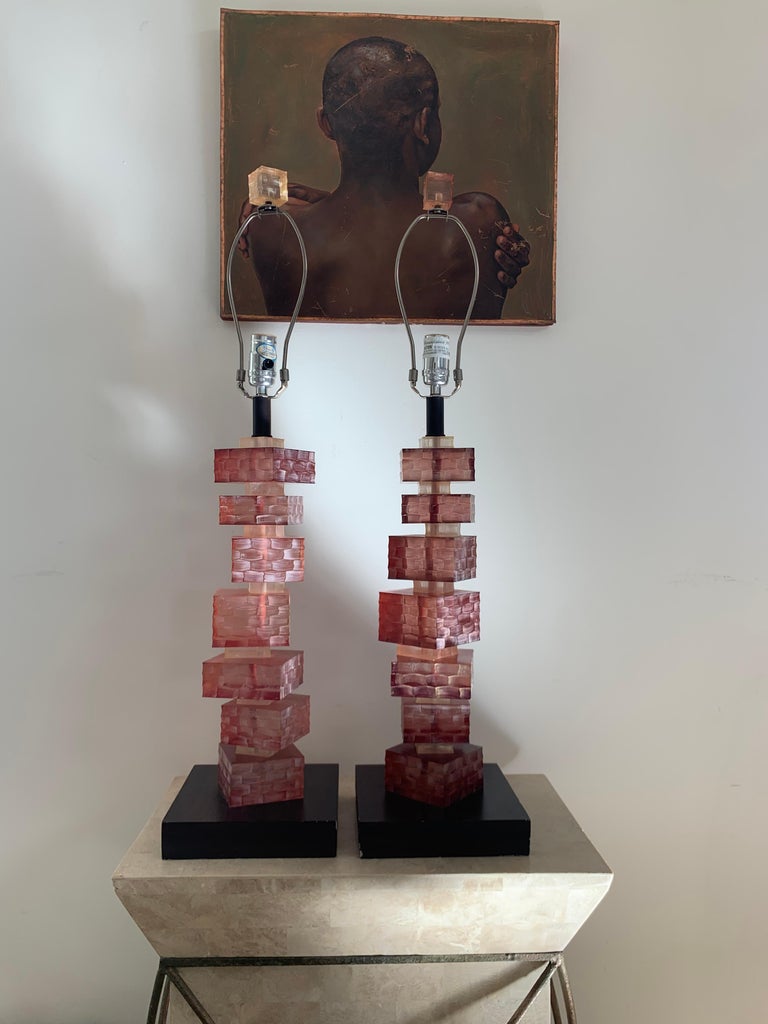 Rennaissance 2000 Pink Lucite Table Lamps, a Pair For Sale at 1stDibs