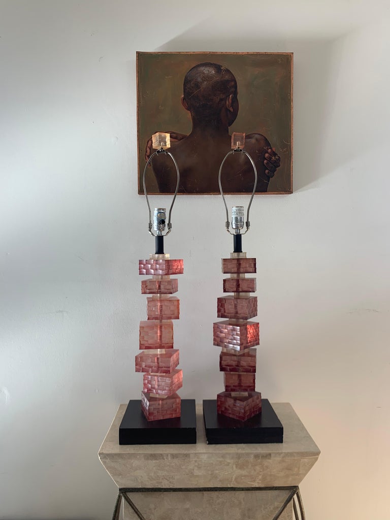 Rennaissance 2000 Pink Lucite Table Lamps, a Pair For Sale at 1stDibs