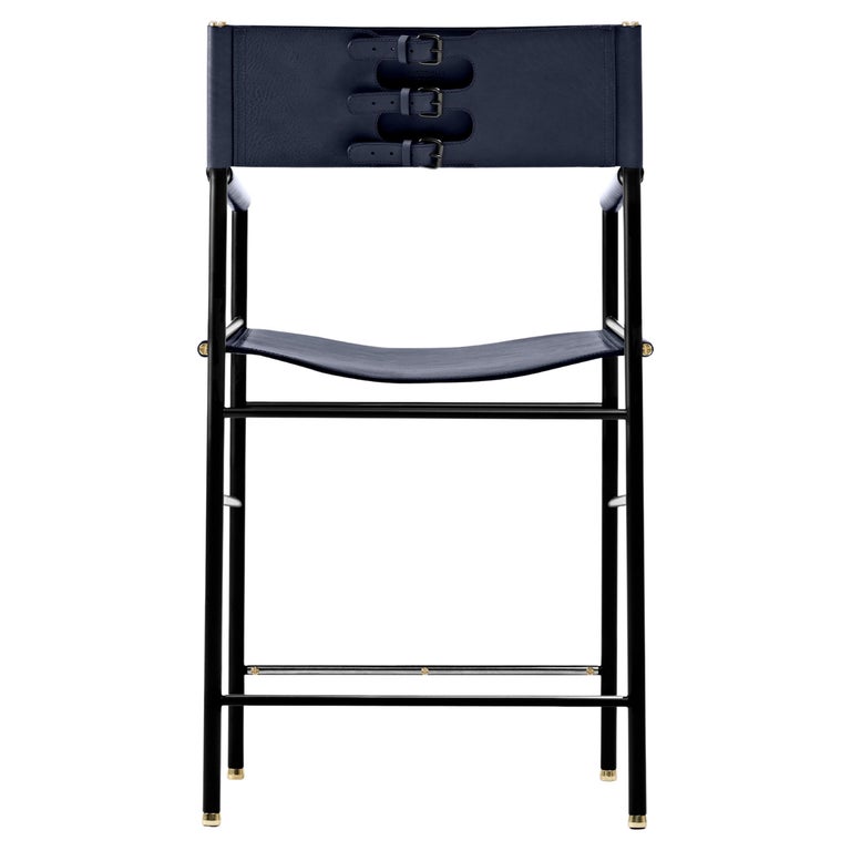 Timeless Counter Bar Stool w. Backrest Navy Blue Leather and Black ...