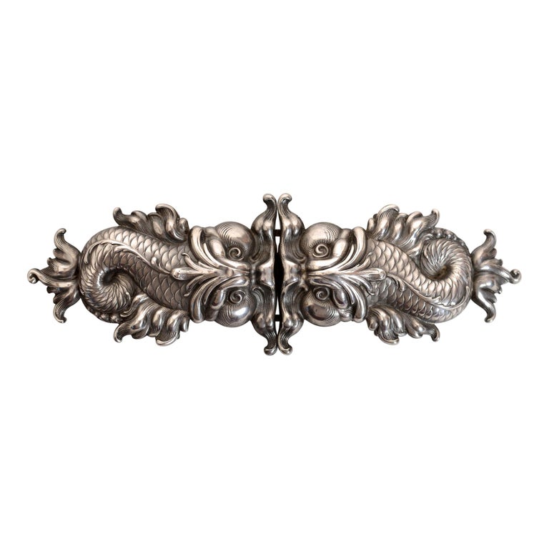 Repoussé Sterling Silver Belt Buckle of Baroque Dolphins, by William ...